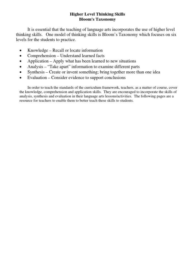 Higher Level Thinking Skills Bloom's Taxonomy | PDF | Reading ...