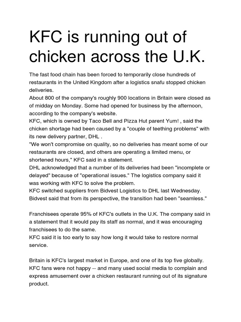 KFC Is Running Out of Chicken Across The U.K | PDF