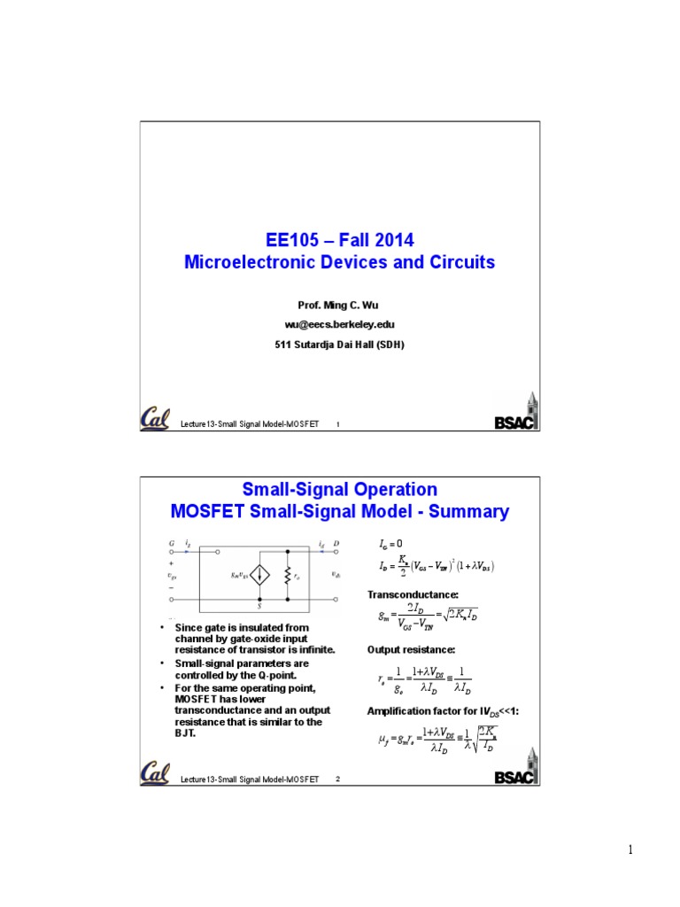 Lecture13 Small Signal Model MOSFET | PDF | Mosfet | Field Effect ...