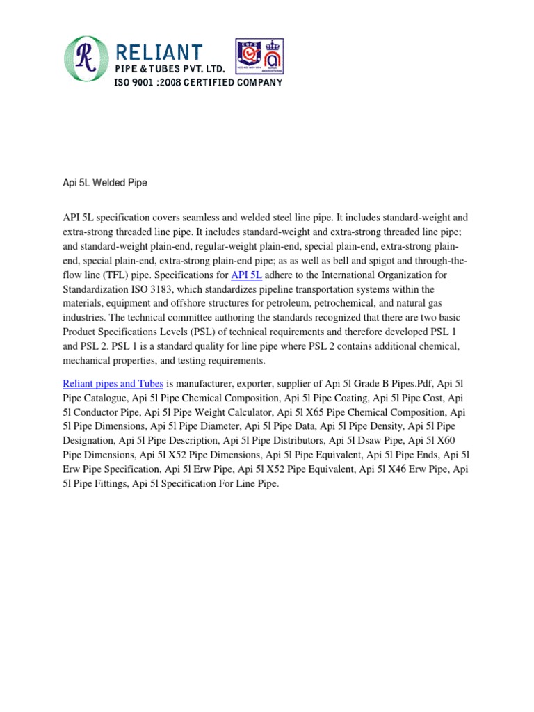 API 5L Welded Pipe | PDF | Pipe (Fluid Conveyance) | Specification ...