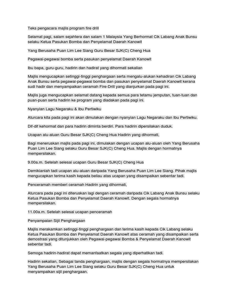 Teks Pengacara Majlis Program Fire Drill | PDF
