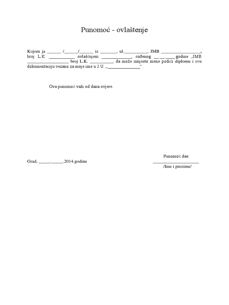 Punomoć Za Podizanje Dokumenata | PDF