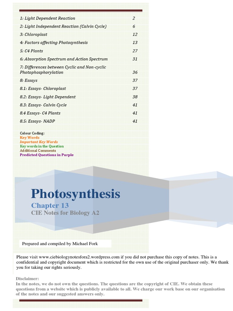 CIE A2 Biology Photosynthesis (Cambridge A-Level) 2017-18 | PDF ...