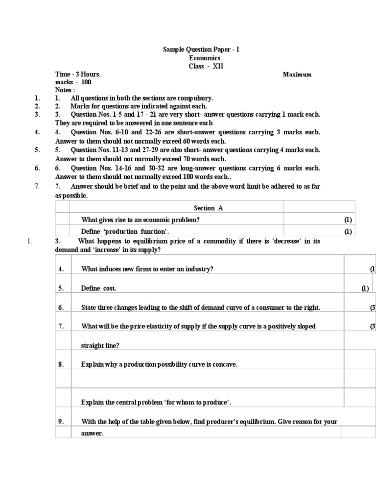 Sample Question Paper | PDF | Economic Equilibrium | Supply (Economics)