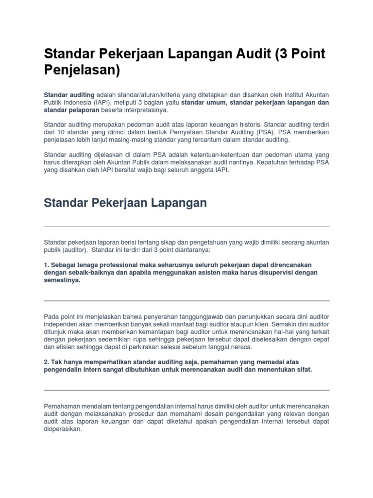 Standar Pekerjaan Lapangan Audit IAPI | PDF | Pengelolaan Keuangan & Uang
