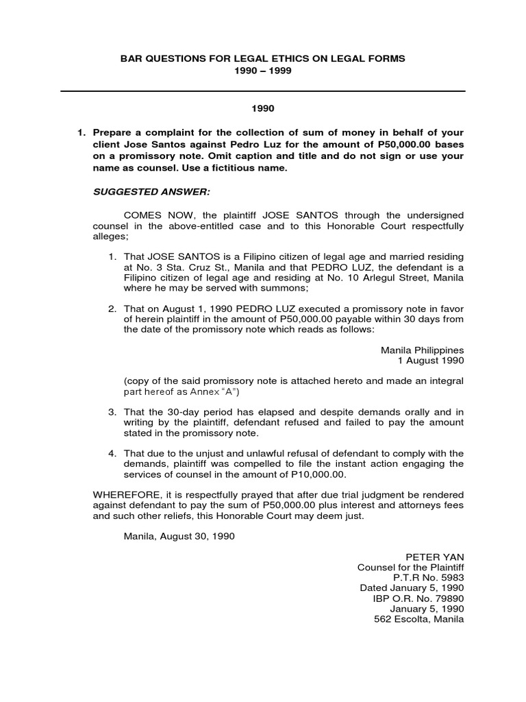 Legal Forms Bar Questions & Suggested Answers 1990-1999 | PDF | Lawsuit ...