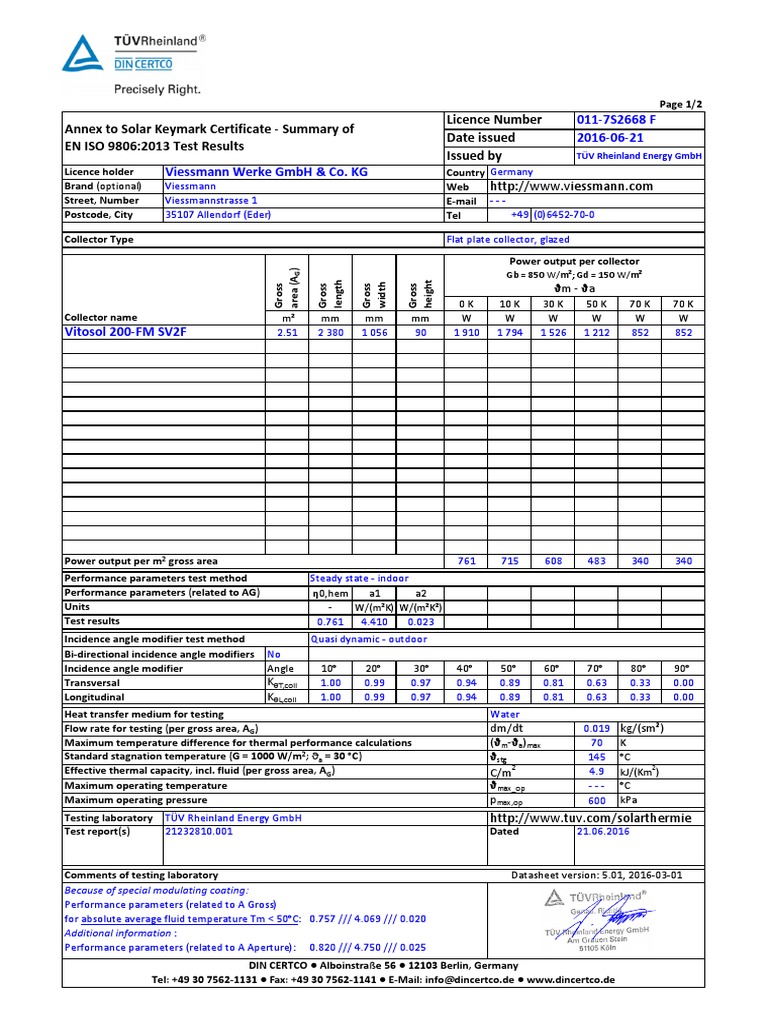Vitosol 200-FM SV2F - Annex To Solar Keymark Certificate | PDF ...