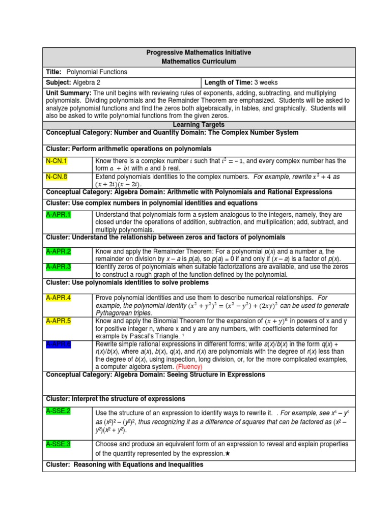Alg 2 Polynomial Unit | PDF | Polynomial | Complex Number