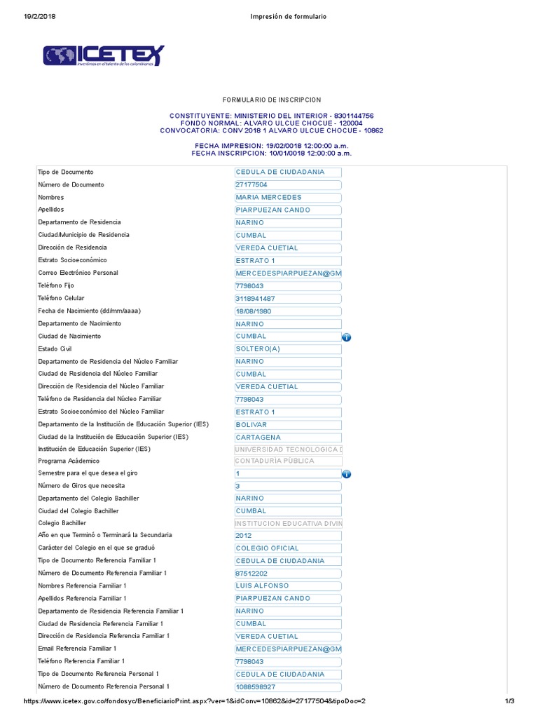 Formulario Inscripción ICETEX 2018 | PDF | Educación Secundaria | Bancos