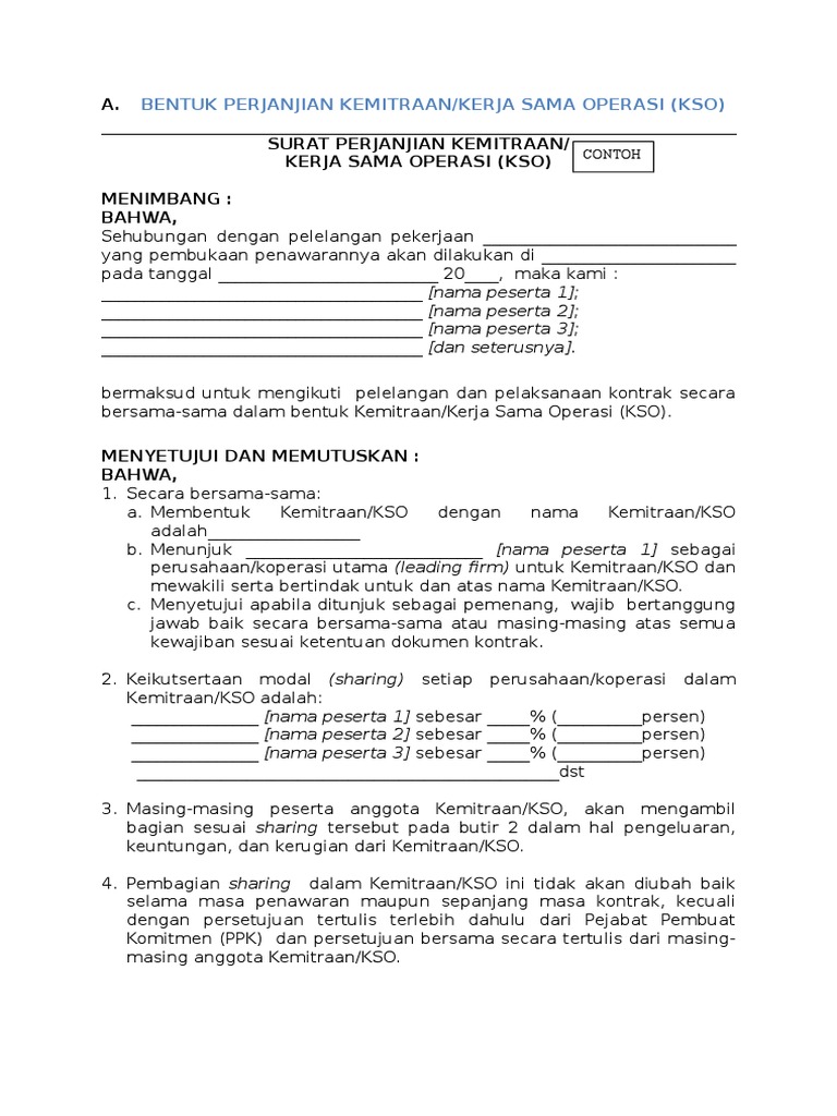 Contoh Perjanjian KSO dan Penawaran | PDF