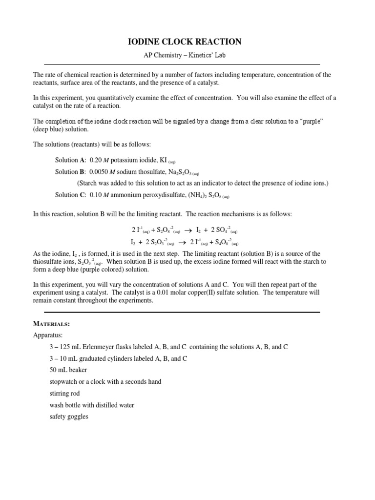 Lab Iodine Clock | PDF | Physical Chemistry | Chemical Elements