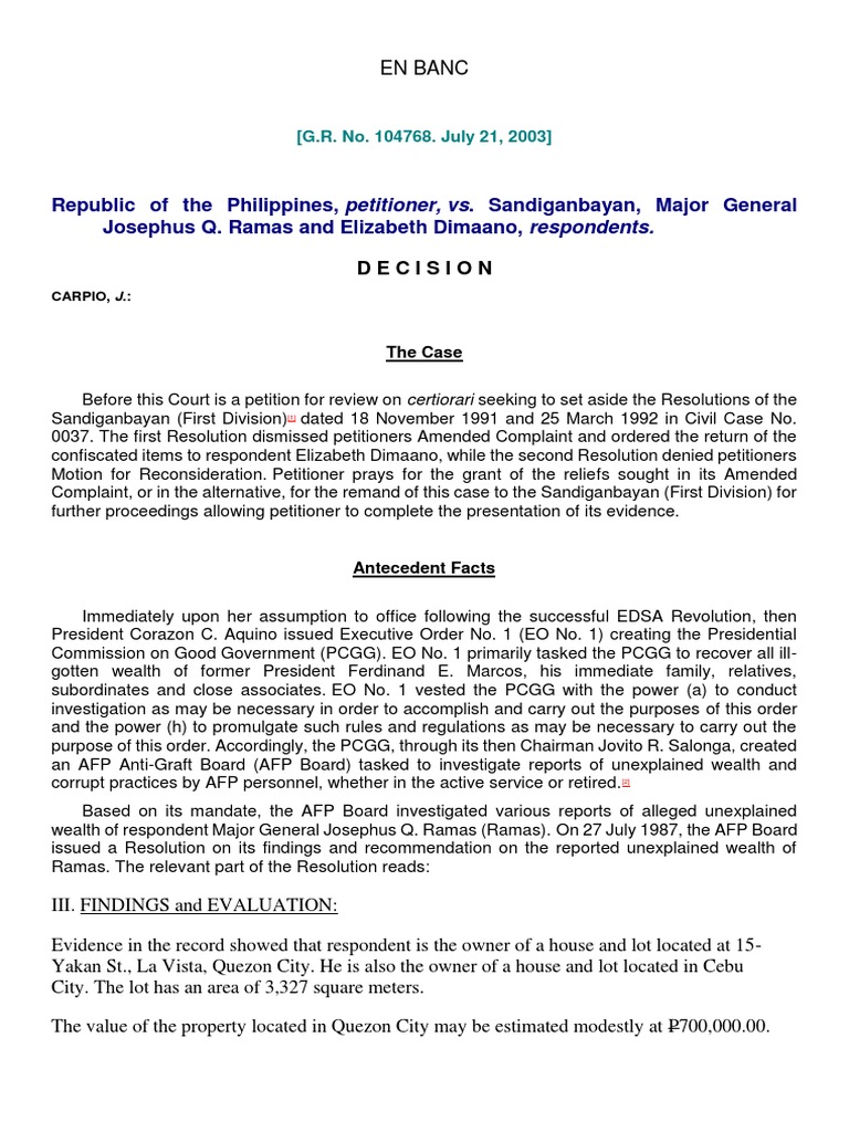 Republic of The Philippines, Petitioner, vs. Sandiganbayan, Major ...