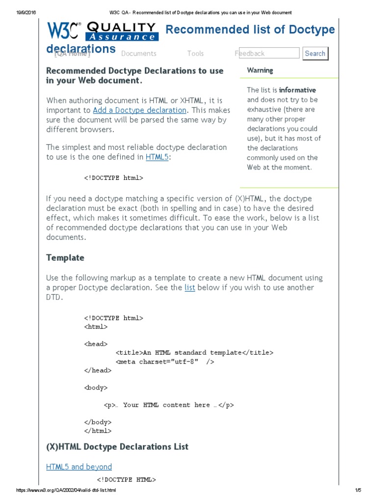 W3C QA - Recommended List of Doctype Declarations | PDF | Xhtml | Html