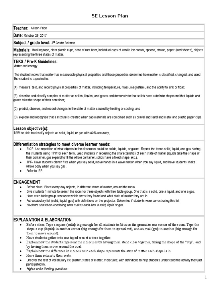 Solids Liquids Gases-Lesson Plan | PDF | Gases | Liquids