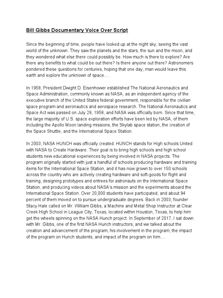 Bill Gibbs Documentary Vo Script | PDF | Nasa | Apollo Program