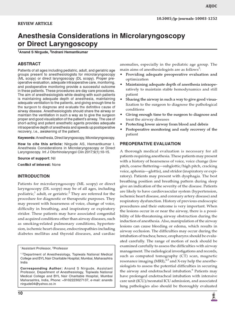 Anesthesia Considerations in Microlaryngoscopy or Direct Laryngos | PDF ...