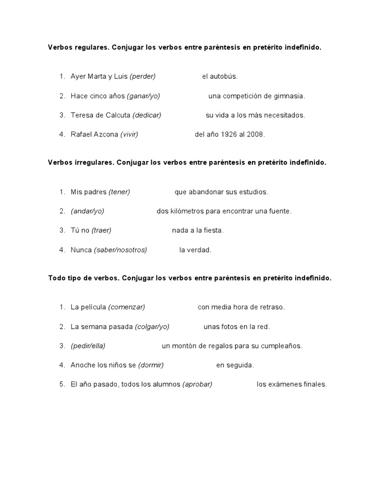 Ejercicios Preterito Indefinido | PDF