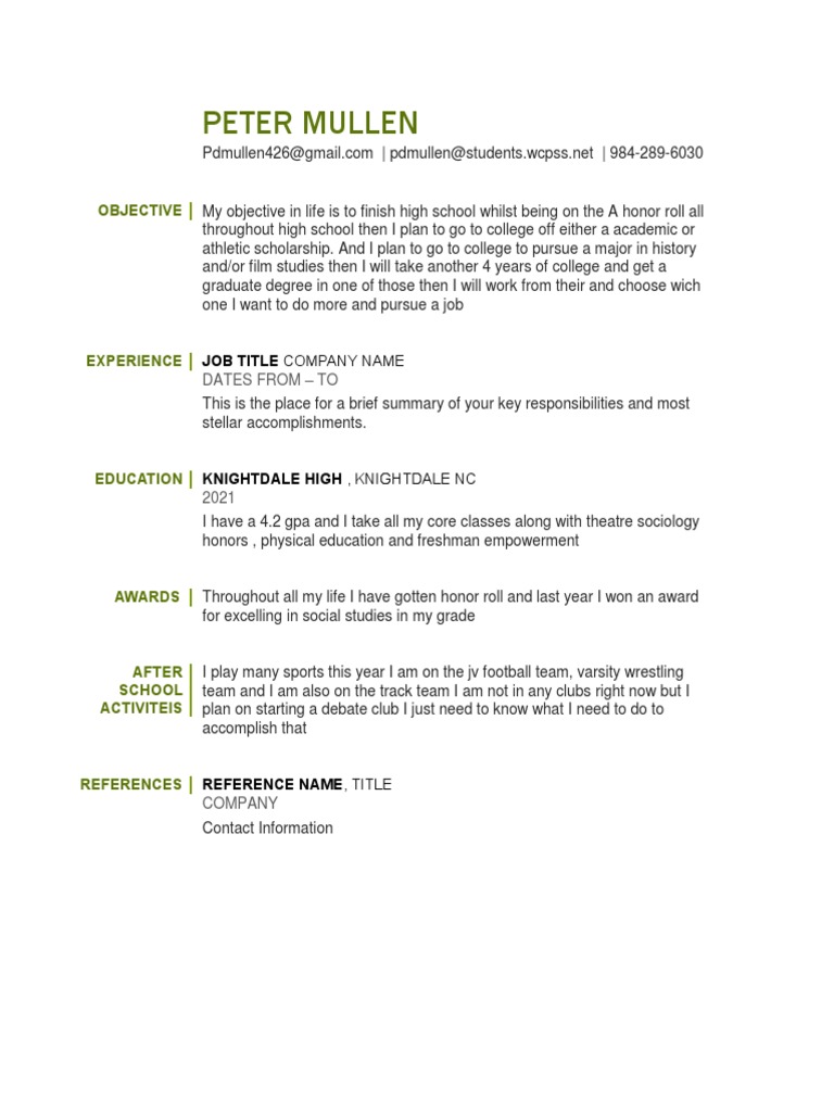 9th Grade Resume | PDF