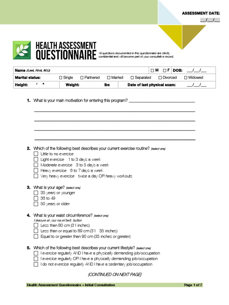 Health Assessment Form | PDF | Physical Exercise | Sleep
