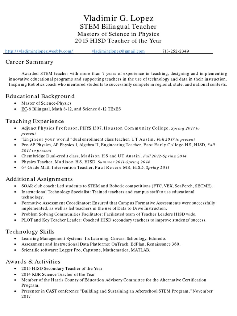 Vladimir Lopez Stem Teacher Resume | PDF | Science, Technology ...