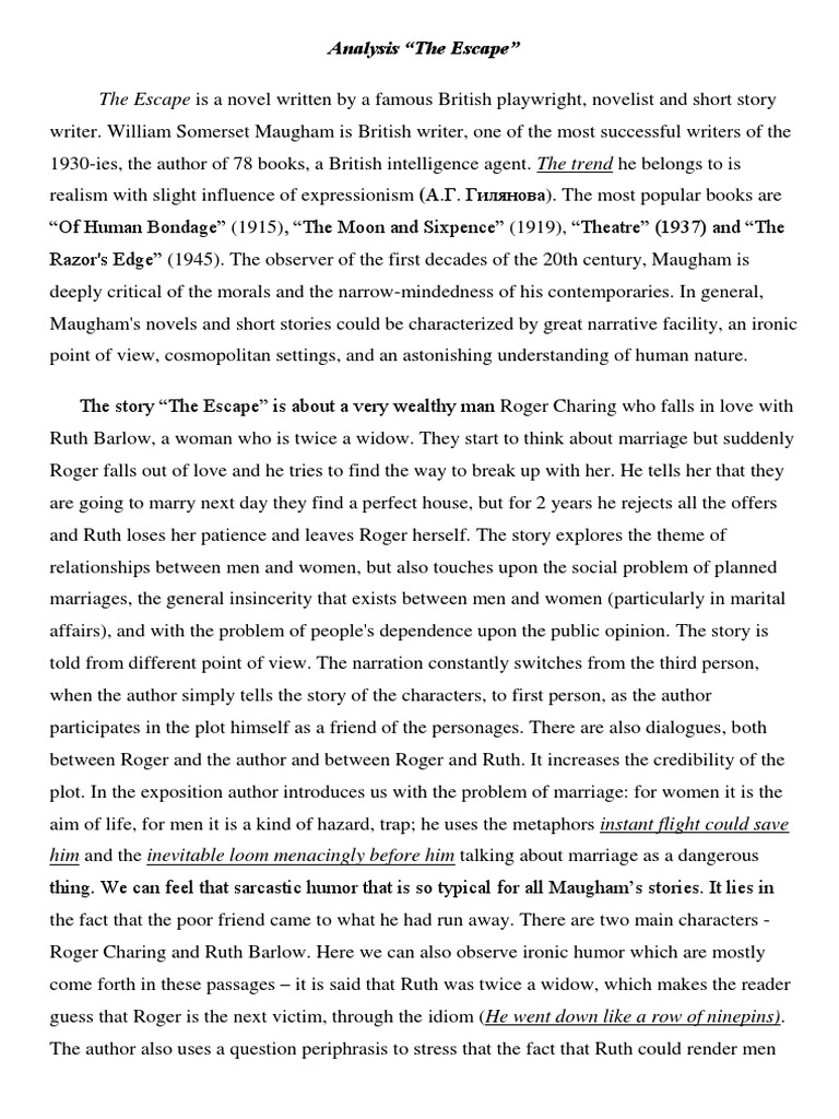 The Escape, Analysis | PDF | W. Somerset Maugham | Irony