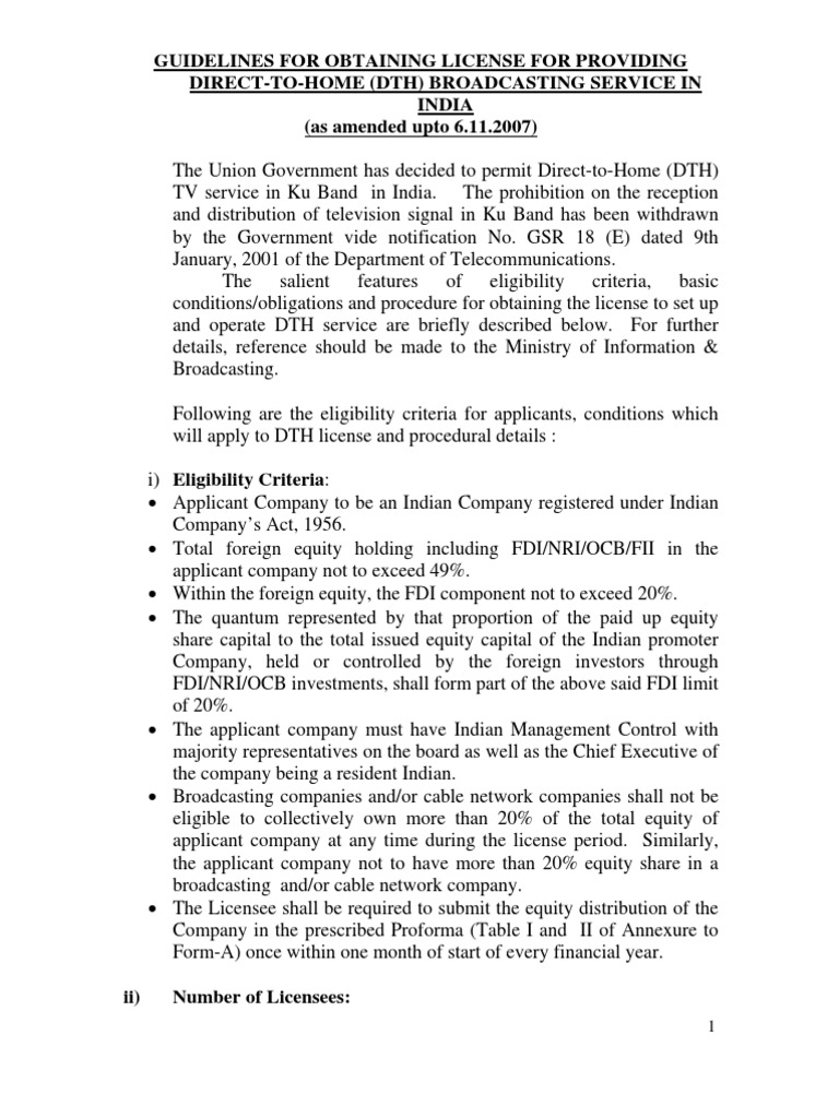 Guidelines For Obtaining License For Providing Direct-To-Home (DTH ...