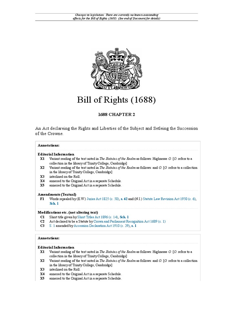 Bill of Rights 1688 (1689) | Repeal | Act Of Parliament