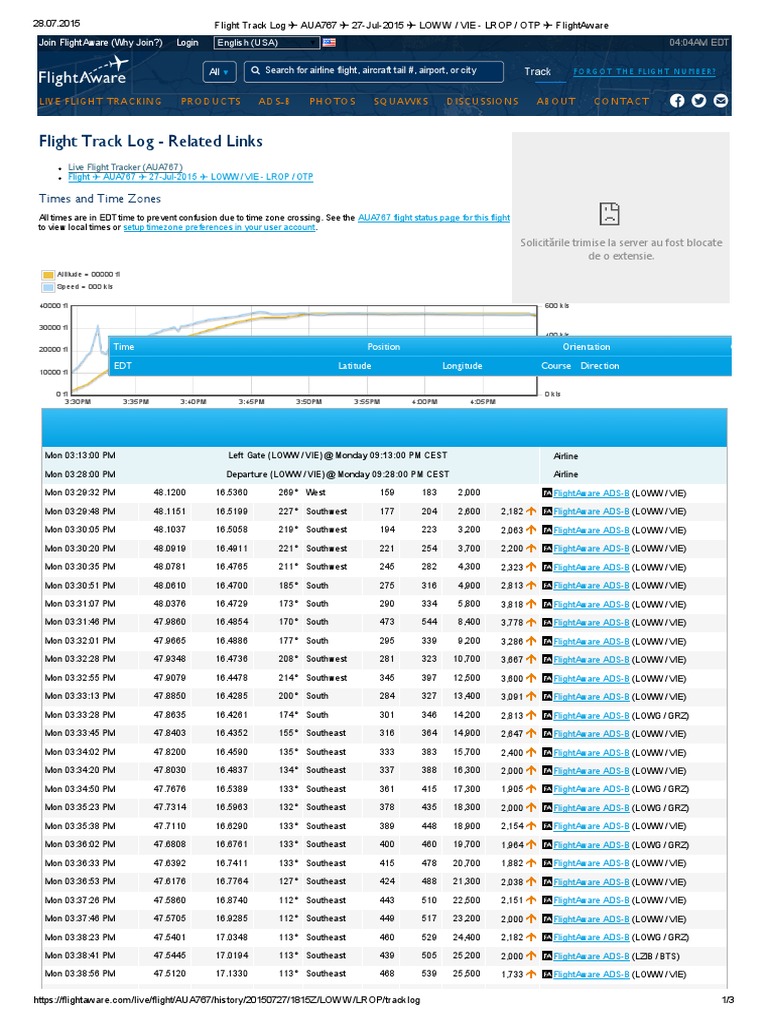 Flight Track Log AUA767 27-Jul-2015 LOWW - VIE - LROP - OTP FlightAware ...