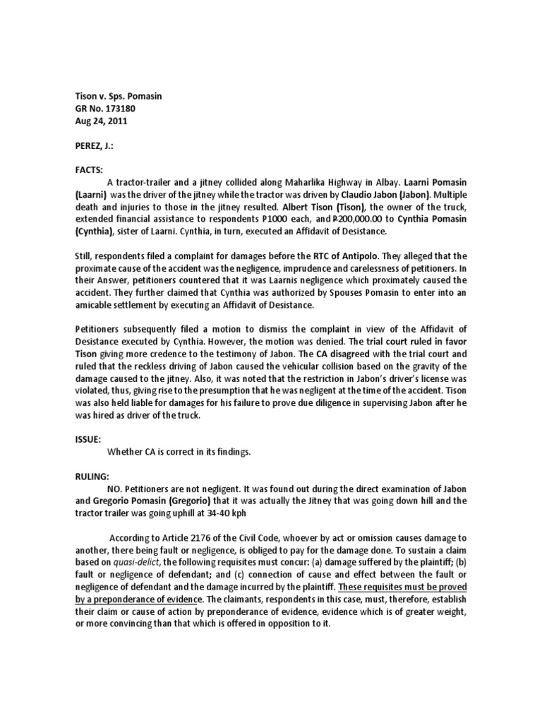 Tison v. Pomasin | PDF | Negligence | Burden Of Proof (Law)