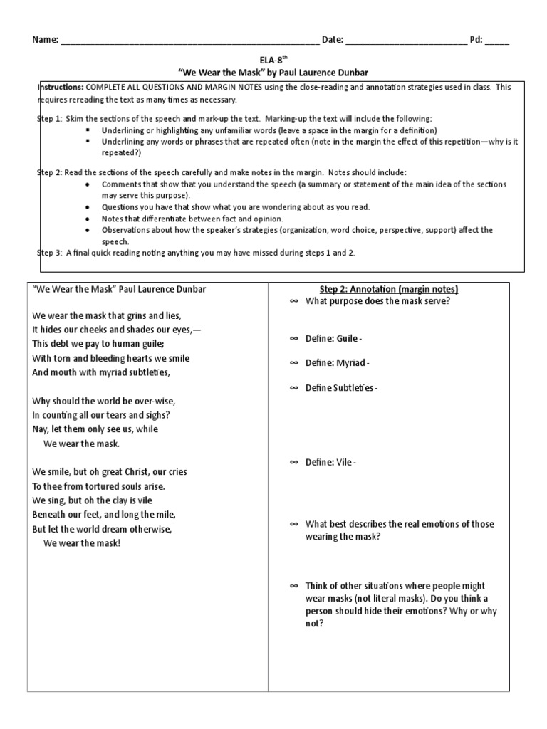 Annotations for "We Wear the Mask" | PDF | Psychological Concepts ...