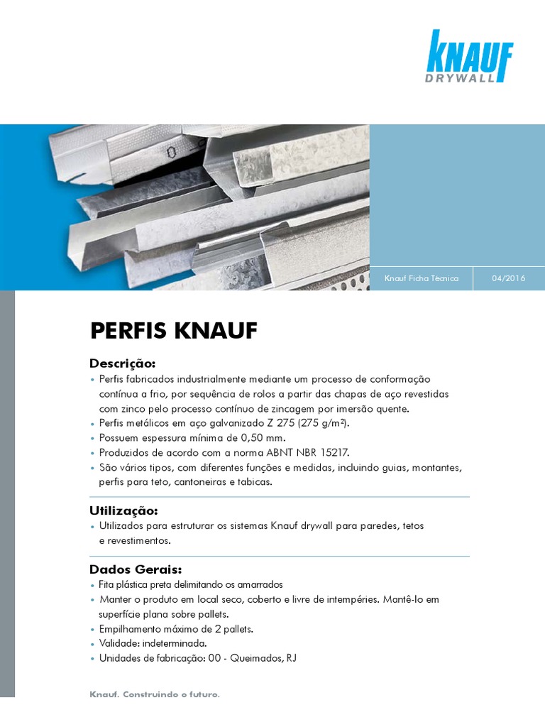 Ficha Técnica - Knauf Perfis - 01312 PDF | PDF | Drywall | Galvanização
