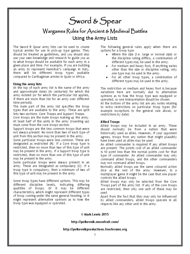 Sword & Spear Army Lists & Points | PDF | Army | Spear