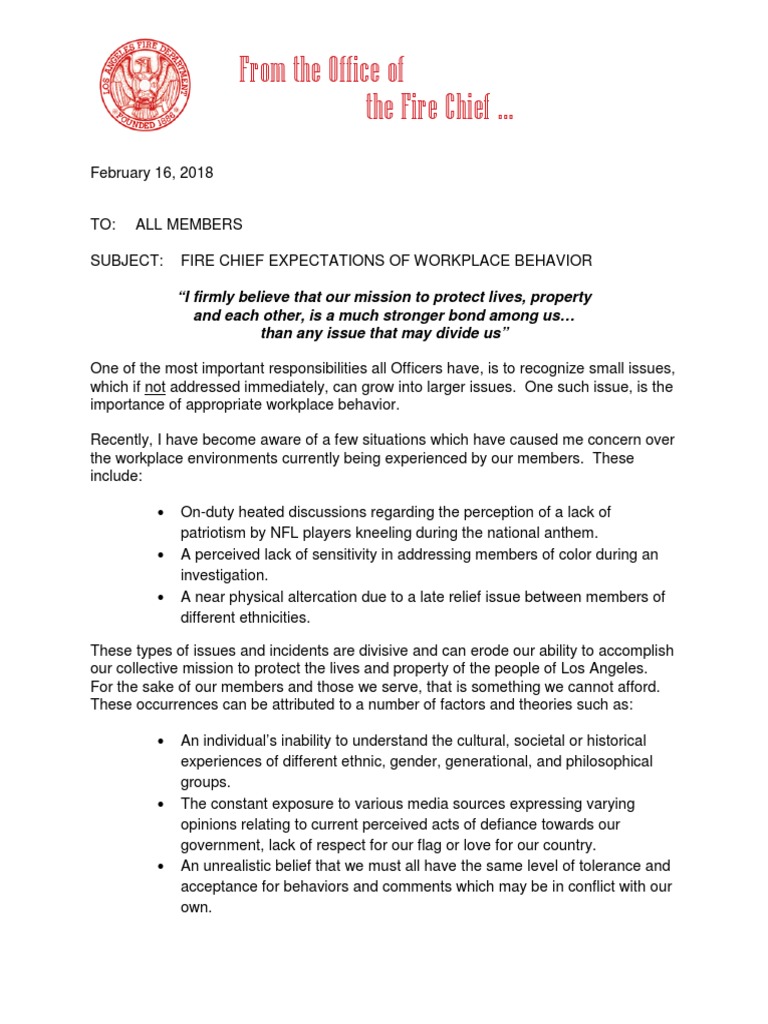 LAFD Chief's Memo To Firefighters On 'Expectations of Workplace ...