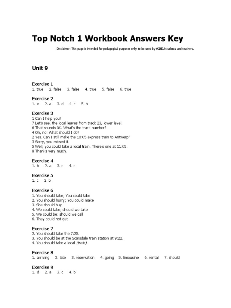 Top Notch 1 Workbook Answers Key Unidade 9 | PDF