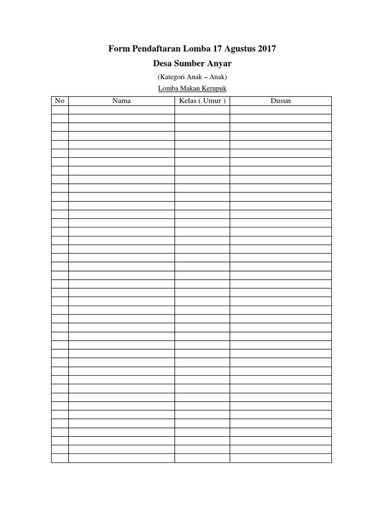 Form Pendaftaran Lomba 17 Agustus 2017 | PDF