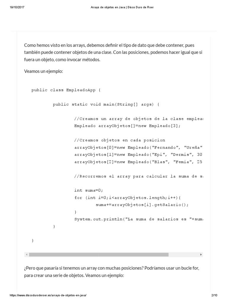 Creación y uso de arrays de objetos en Java | PDF | Java (lenguaje de programación) | Ingeniería ...