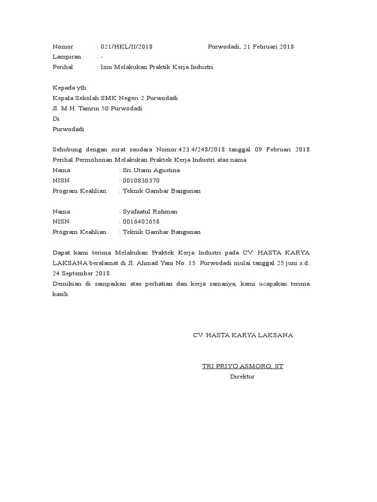 Surat Balasan PKL HHH | PDF