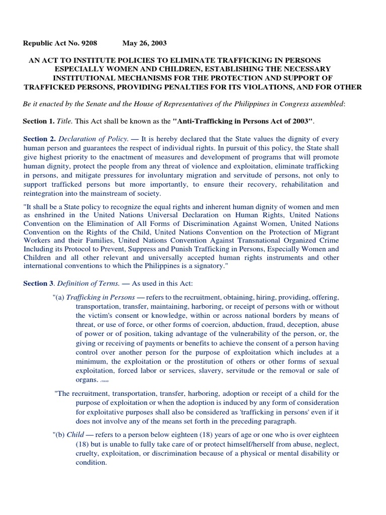 RA 9208 As Amended by RA 10364 | PDF | Human Trafficking | Sexual Slavery