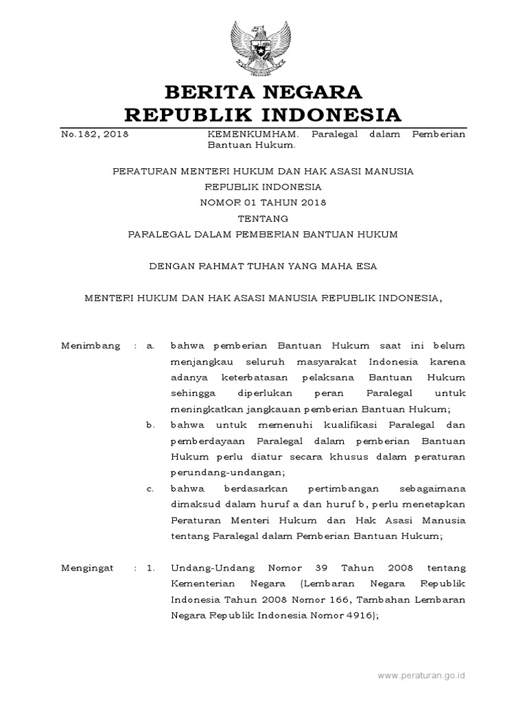 Permenkumham No 1 Tahun 2018 TTG Paralegal DLM Pemberian Bantuan Hukum | PDF