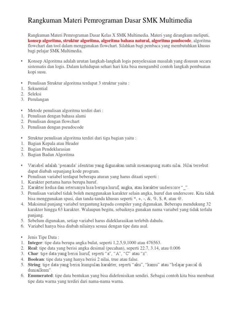 Rangkuman Materi Pemrograman Dasar SMK Multimedia | PDF | Karier & Perkembangan