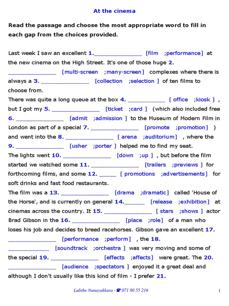 Cinema Vocabulary Test | PDF | Movie Theater | Cinema