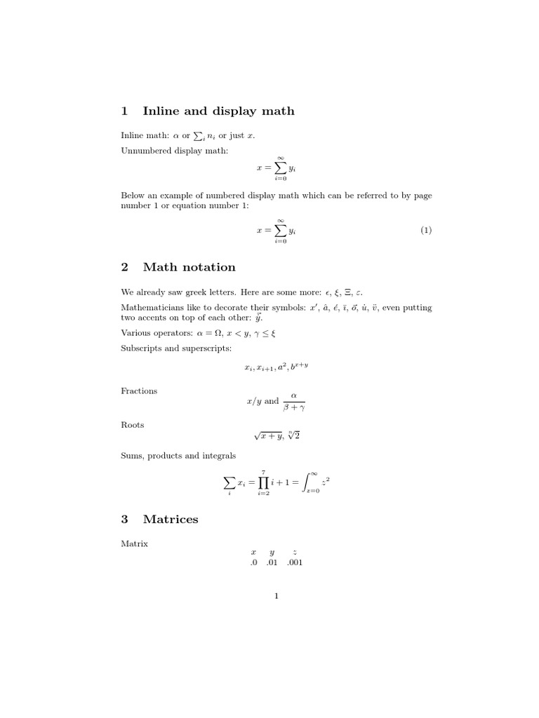 1 Inline and Display Math | PDF | Matrix (Mathematics) | Algebra