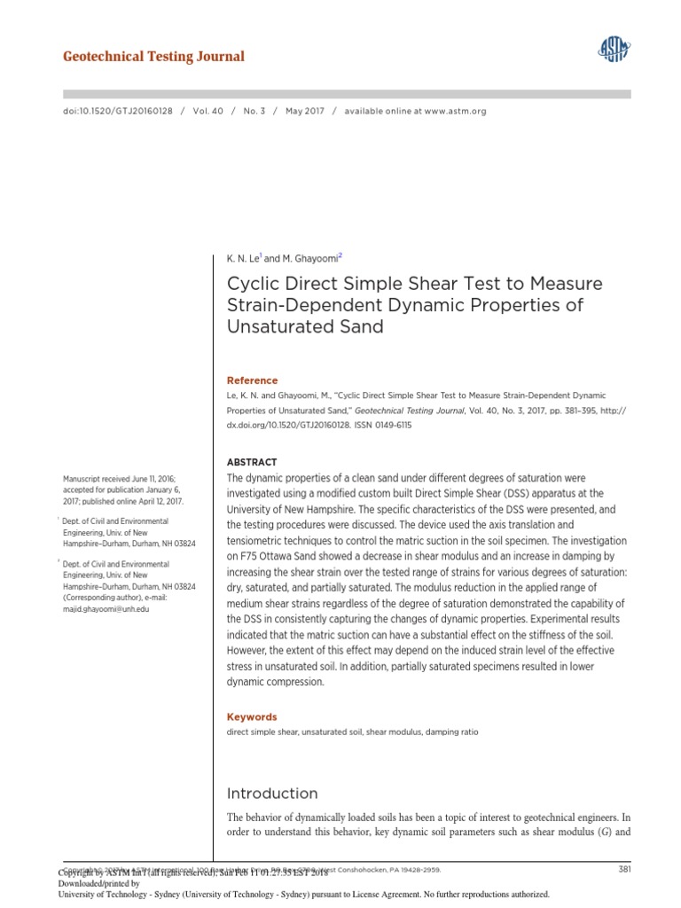 Cyclic Direct Simple Shear Test To Measure Strain-Depandent Dynamic ...