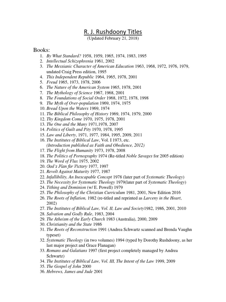Rushdoony Bibliography | PDF | Theology | Bible