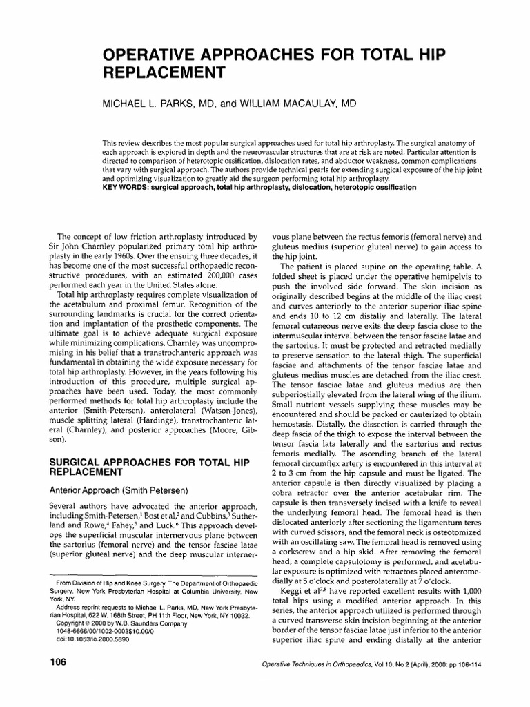 Operative Approaches For Total Hip | PDF | Hip | Soft Tissue
