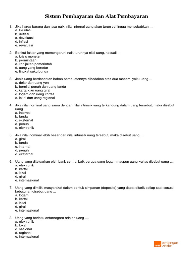 Latihan Soal Sistem Pembayaran Dan Alat Pembayaran Kelas 10 SMA | PDF Latihan Soal Sistem Pembayaran Dan Alat Pembayaran Kelas 10 SMA | PDF