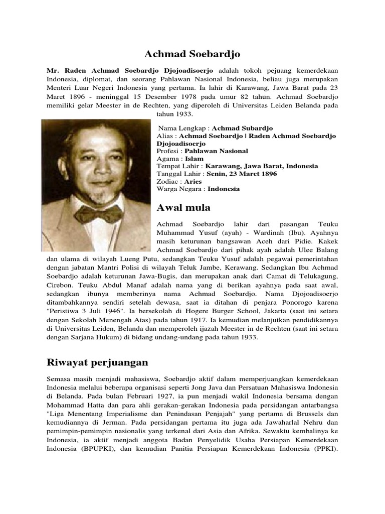 Biografi Achmad Soebardjo, Pahlawan Nasional | PDF | Ilmu Sosial