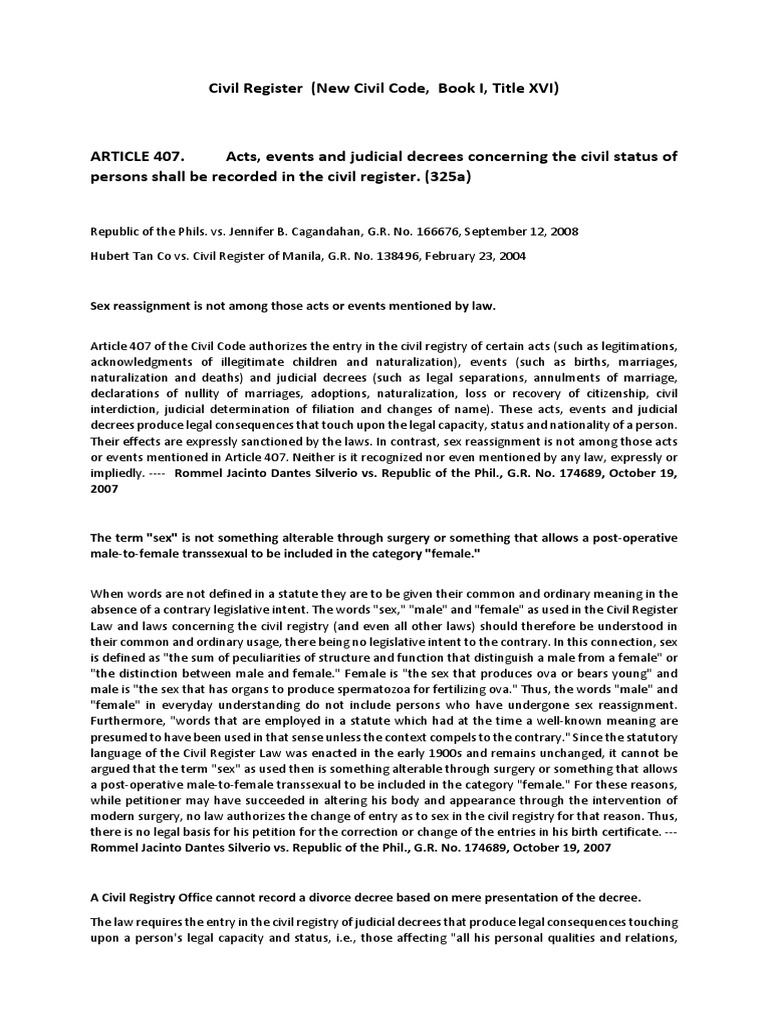 Civil Register Law Notes 1 | PDF | Decree | Judgment (Law)