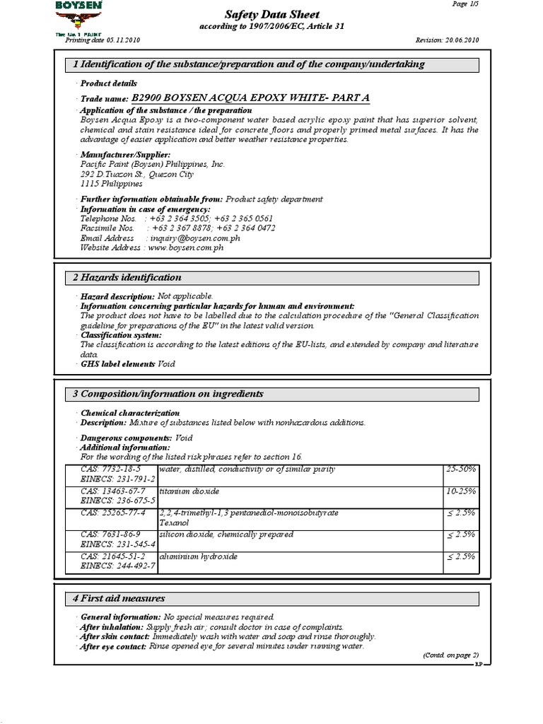 Boysen Acqua Epoxy White Safety Data | PDF | Dangerous Goods | Chemical ...
