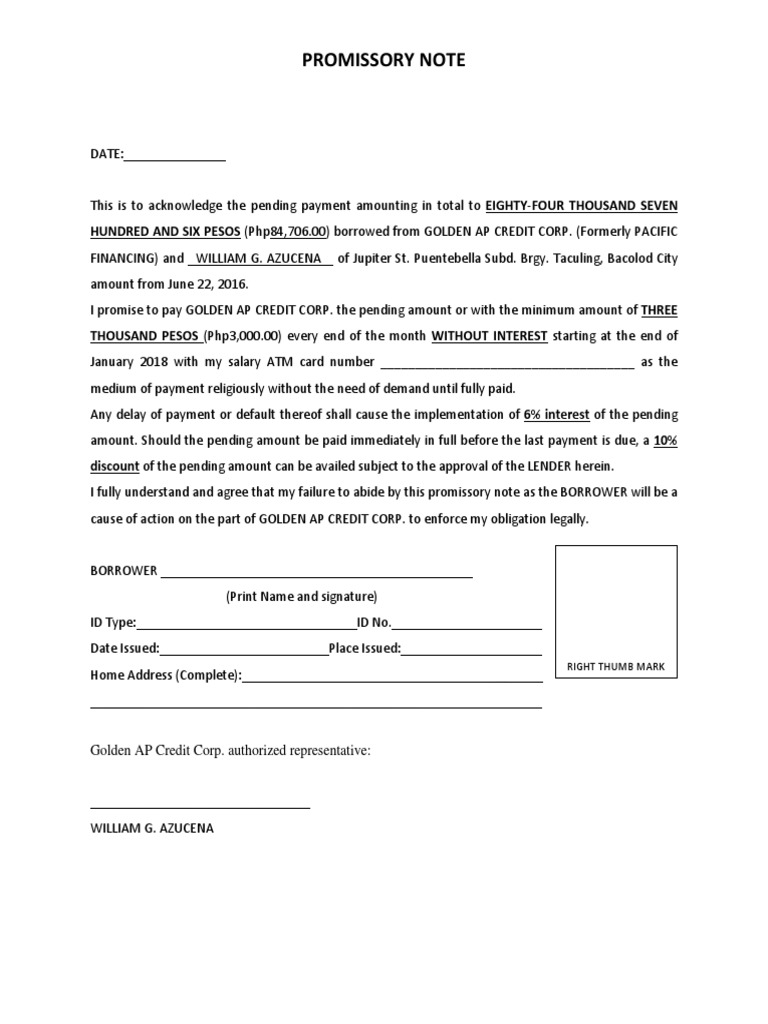 Promissory Note: Right Thumb Mark | PDF